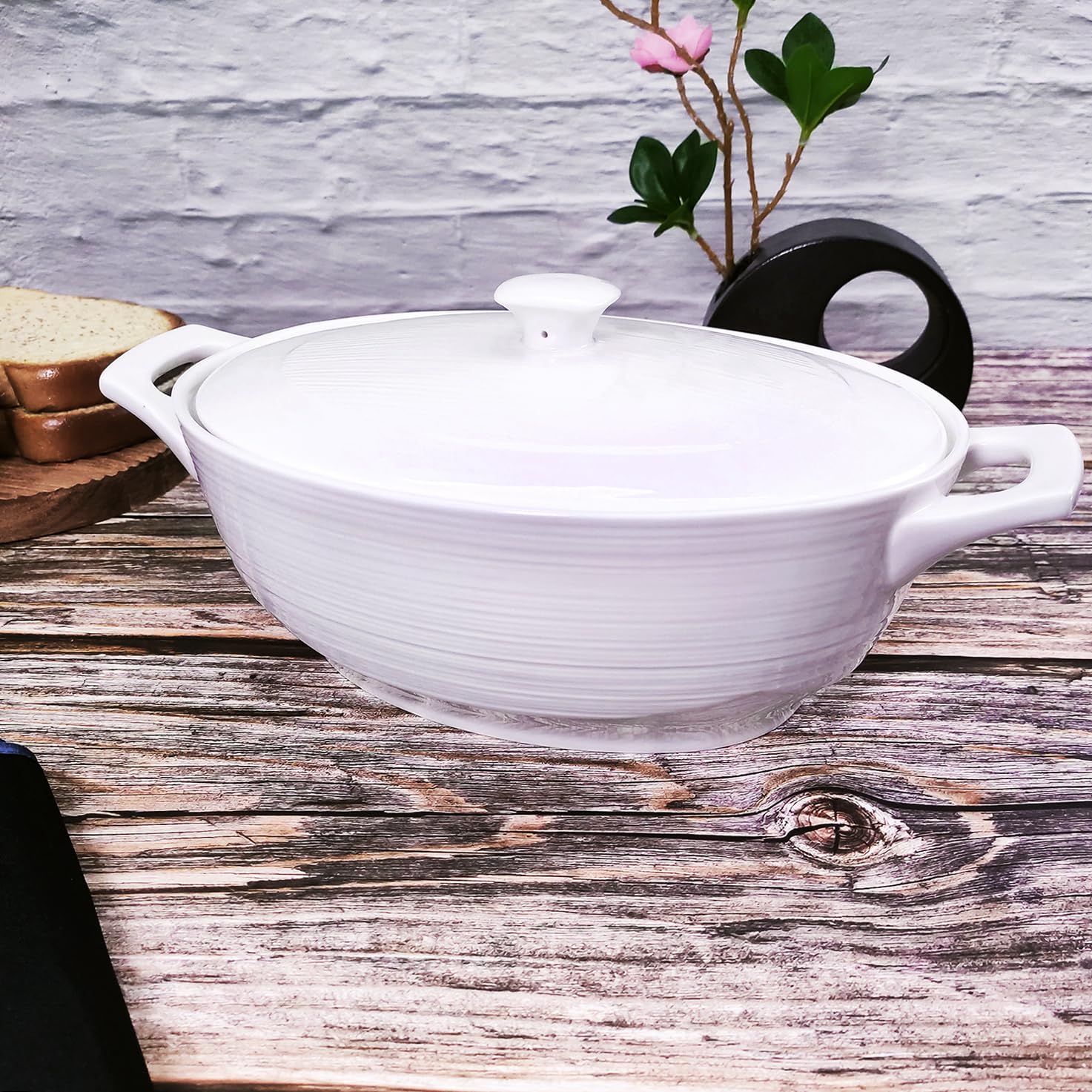 jinsongdafa Casserole Dish with Lids,1.9 Quart French White Ceramic Tureens, 12.1x7.3 Baking Dish, Serving Tureen Soup, for Casseroles, Lasagna Cookware Set, Microwave, Oven Safe