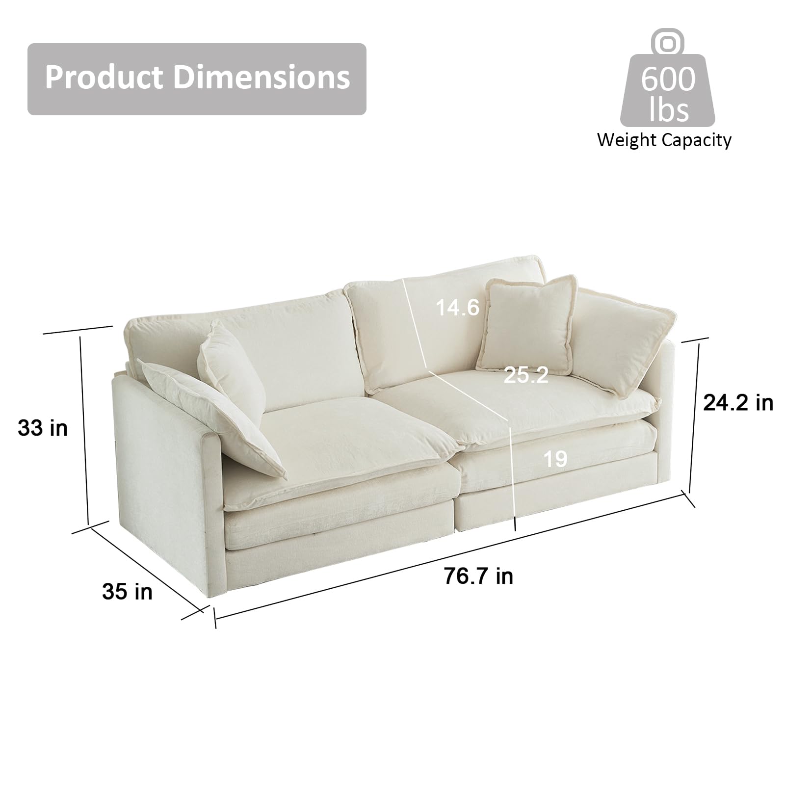 KIVENJAJA Chenille Loveseat Sofa, Oversized 2-Seater Small Cloud Couch, Modern Comfy Deep Seat Love Seat with 4 Pillows for Living Room Bedroom Office Apartment, 76.7”W, Beige