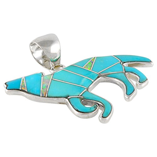 Coyote Wolf Pendant Necklace Sterling Silver 925 Genuine Turquoise & Lab Opal 24" (Multi-21)