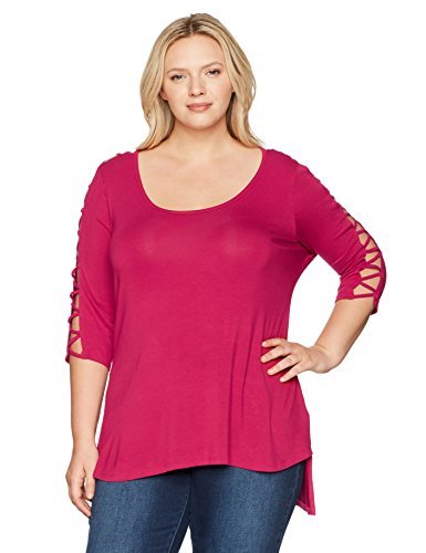 Love Scarlett Women's Plus Size Zig Zag Lace Up Sleeve Tee, Hibiscus Pink, 1X
