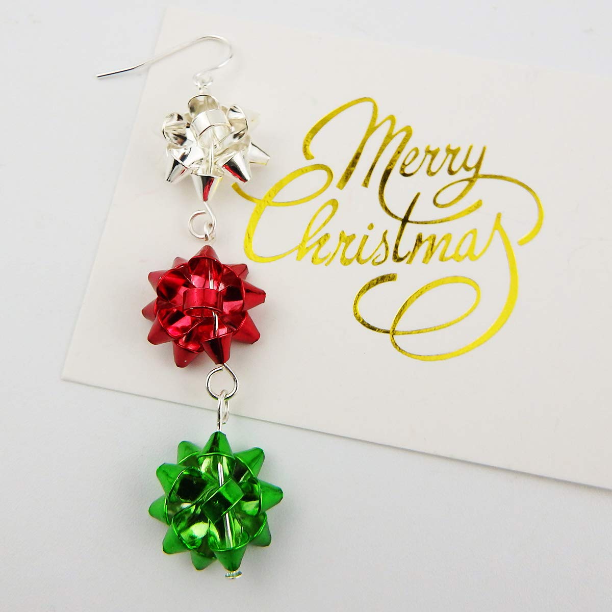 Christmas Bows Flower Piercing Dangle Earrings Red Green White Silver Plated Women Holiday