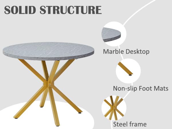 Round Dining Table, Modern Marble Kitchen Dining Table with Four Metal Legs, Marble Top Dining Table for Indoor Use Side Table for Kitchen Restaurant Living Room Casual Cafe（Grey）