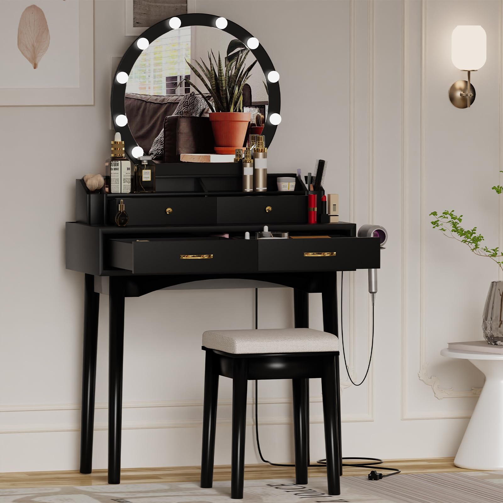 ISHARINGTIME Vanity Desk with Mirror and Lights, Small Vanity with Adjustable Brightness Mirror, Makeup Vanity Table Set with Power Outlet & Cushioned Stool, Dressing Table for Bedroom (Black)