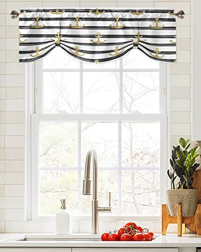 OneHoney Tie Up Curtain Valances Window Topper,Shade Valance for Kitchen Windows Nautical Theme Gold Anchor Rod Pocket Tie-up Curtains Window Treatment Drapes Black White Stripes 1 Panel-42 x18