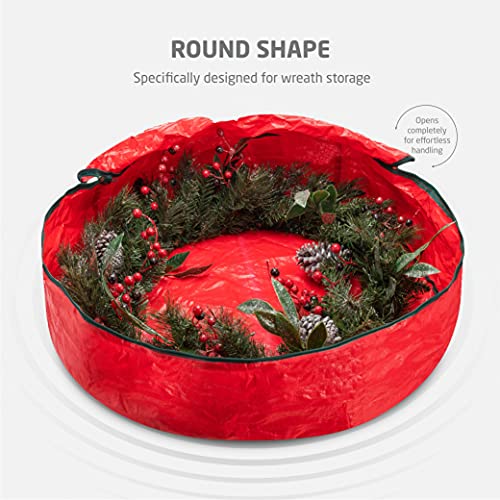 Zober Christmas Wreath Storage Container - 30 Inch Wreath Bag for Artificial Wreaths - Dual Zippered Wreath Storage W/Strong, Durable Handles - Red