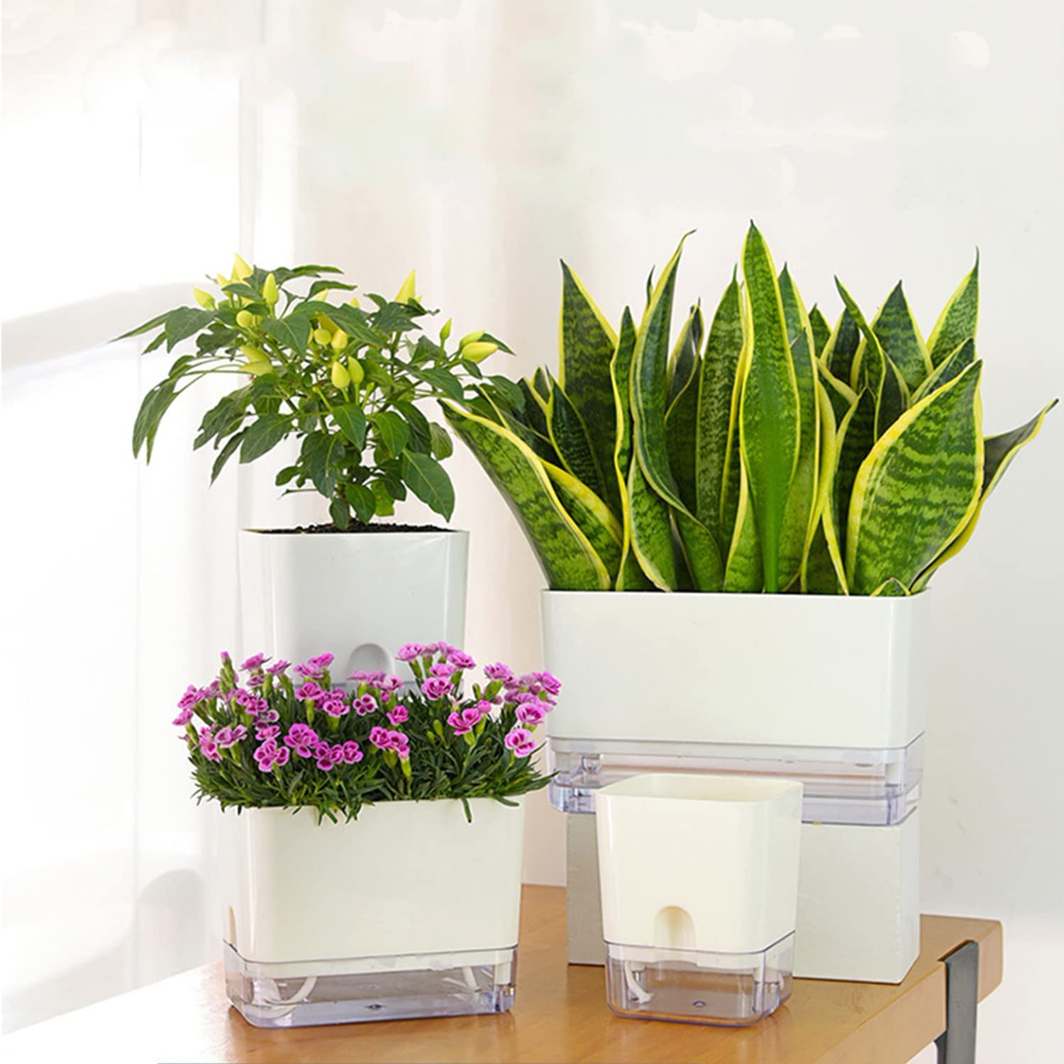 FAMZ Self Watering Planters 4 Pack,Plant Pots for Indoor,Automatic Moisturizing,Transparent Square Flower Pot for Indoor and Outdoor Plants,Succulents,Violets,Ivy