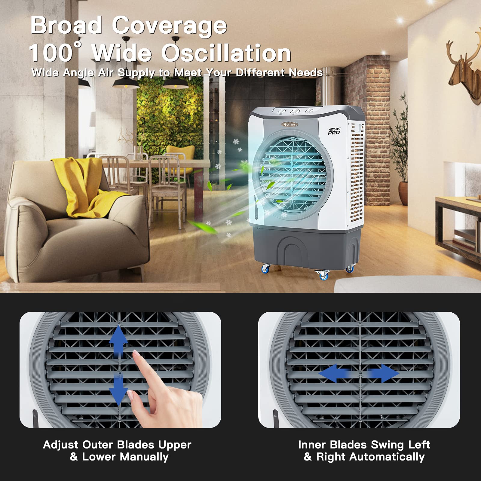 COSTWAY Evaporative Air Cooler, 3450 CFM Swamp Cooler with 100°Oscillation, 210W Cooling Fan, 3 Speeds & 3 Modes Cools up to 1800 Sq. ft, AC Unit with 4 Universal Casters for Indoor & Outdoor
