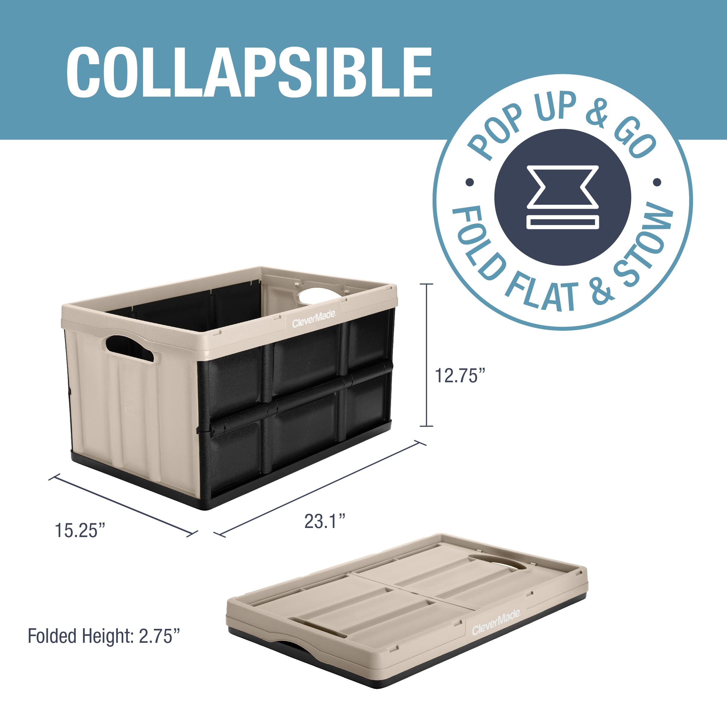 CleverMade 62L Collapsible Storage Bins (3 Pack, Tan) NO LID-Stackable Storage Containers & 46L Collapsible Storage Bins with Lids - Folding Plastic Stackable Utility Crates
