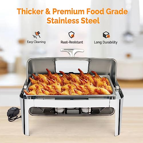 ROVSUN 9 QT Stainless Steel Chafing Dish Buffet Set with Electric & Fuel Heating,Roll Top Catering Chafer Server with Full Size & 2 Detachable Food Pans, Glass Lid for Party Wedding Banquet