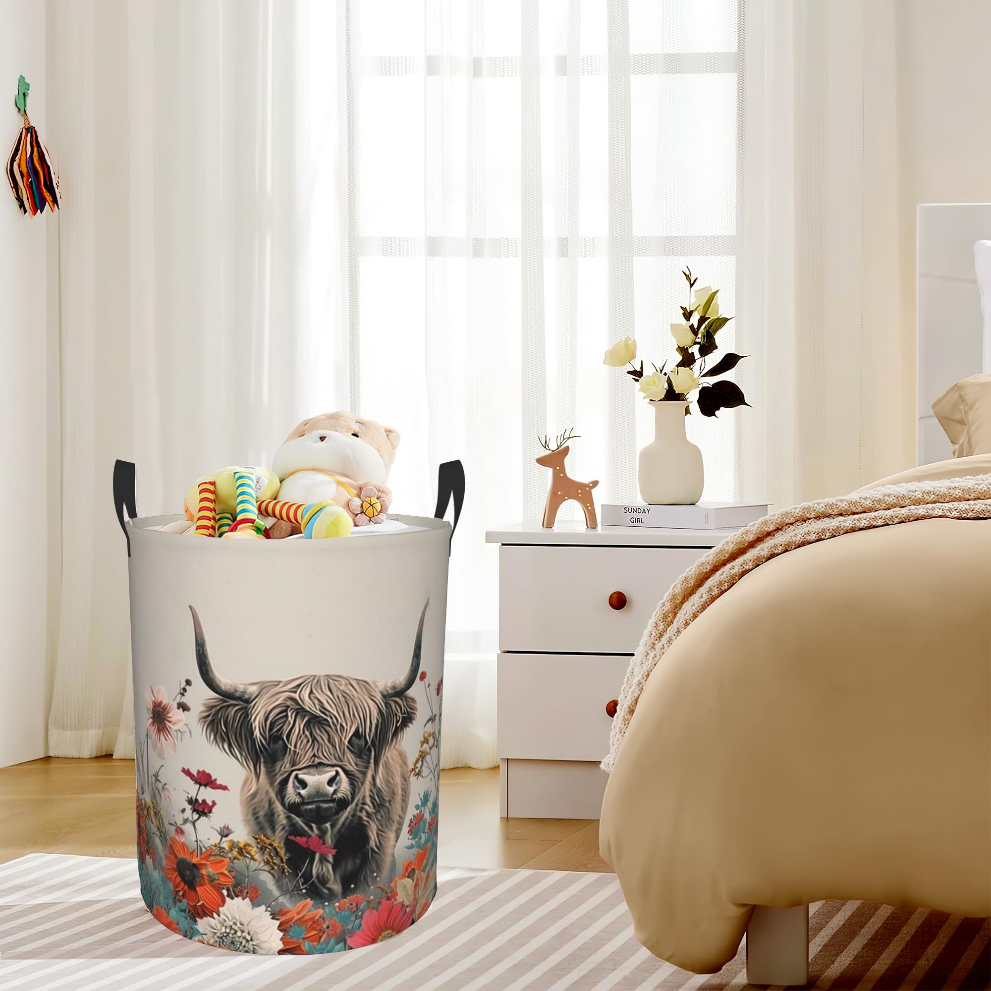 Highland Cow with Flowers Laundry Basket,Waterproof Laundry Hamper,Collapsible Organizer Basket for Storage Bin Toy Bins, Dirty Clothes Laundry Basket for Living Room/Bathroom/Bedroom