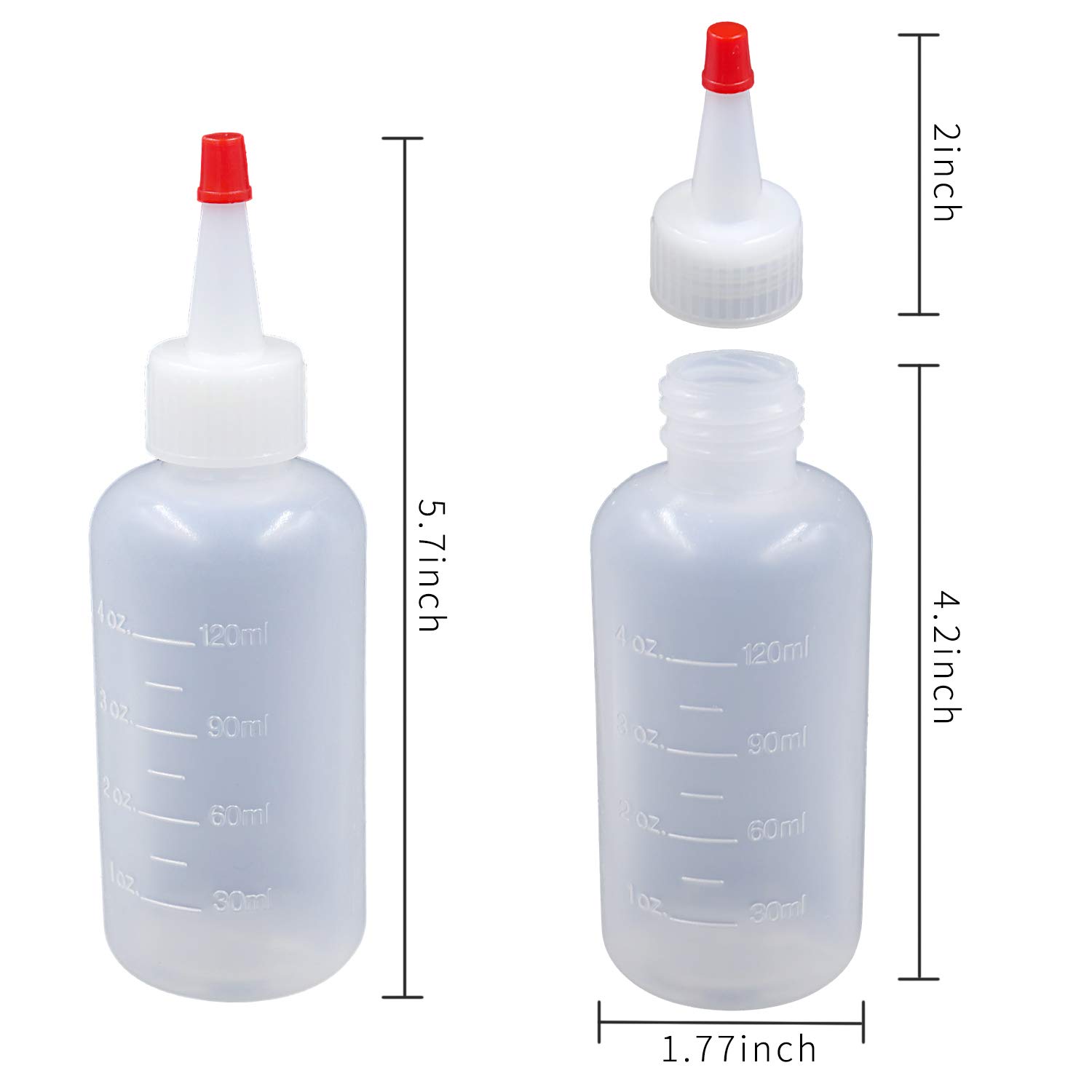 EDOBLUE Plastic Bottles 120mL with Red Tip Caps and Measurements - Small Mini Squeeze Dispensing Bottle for Arts and Crafts, Paint, Icing,Condiment, Glue, Sauces, and More β- 6 Pack / 4 Ounce