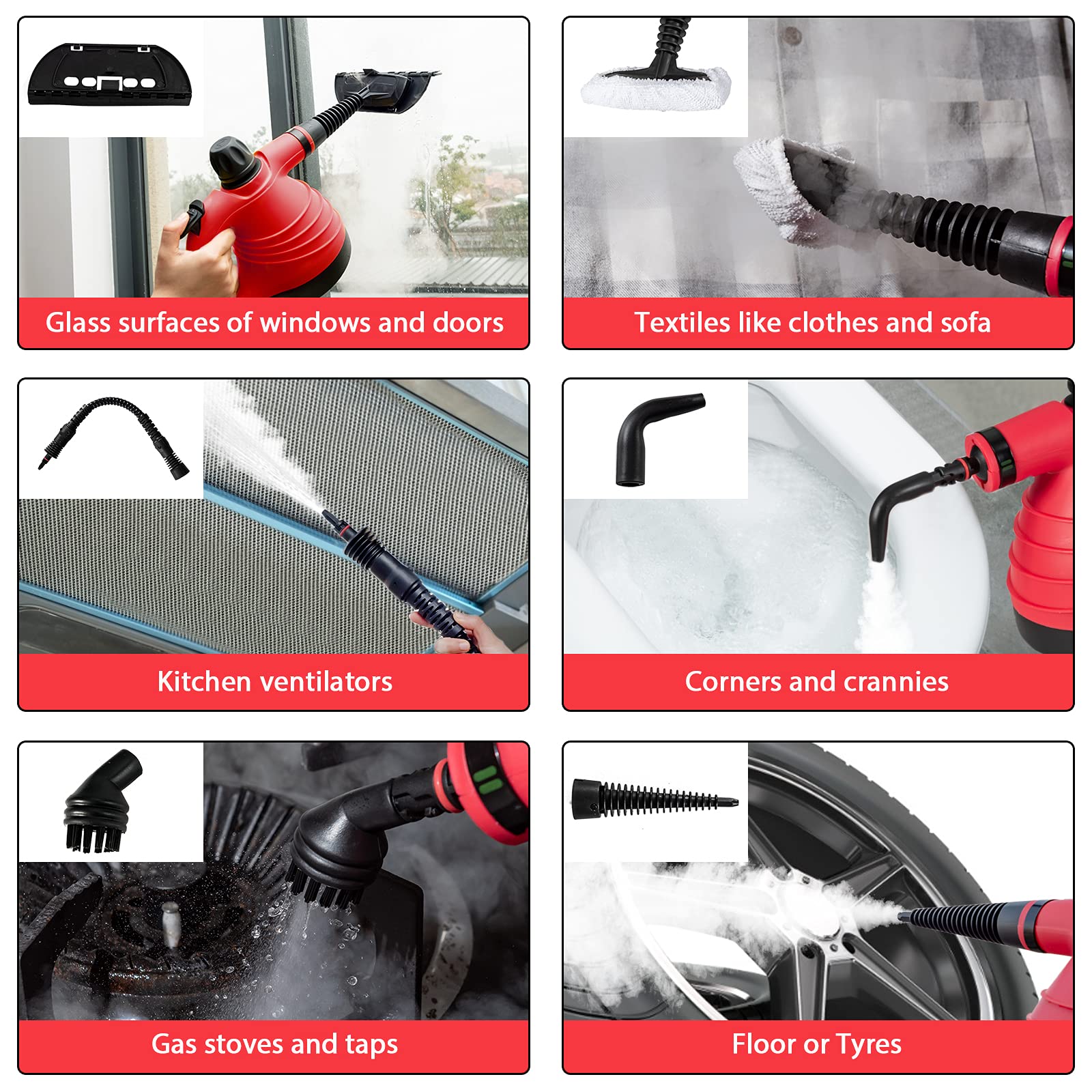 COSTWAY Handheld Steam Cleaner, 1050W Multipurpose Steamer Cleaning with 9-Piece Accessory Set, Safe Lock, Chemical Free and Powerful, Portable Steam Cleaner for Kitchen, Bathroom, Windows, Floors (Red)