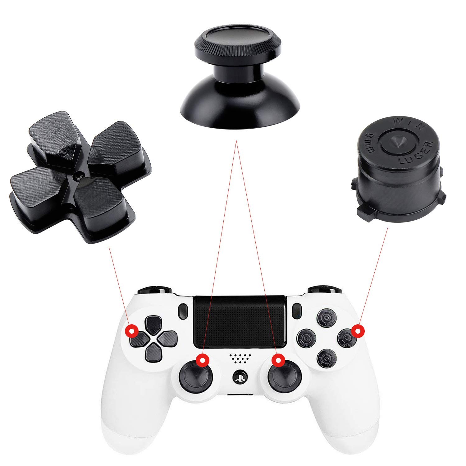 WiMas Aluminium Button Hats Thumb Grip Caps Bullet Buttons AXBY Button D-pad for PS4 7PCS (Black)