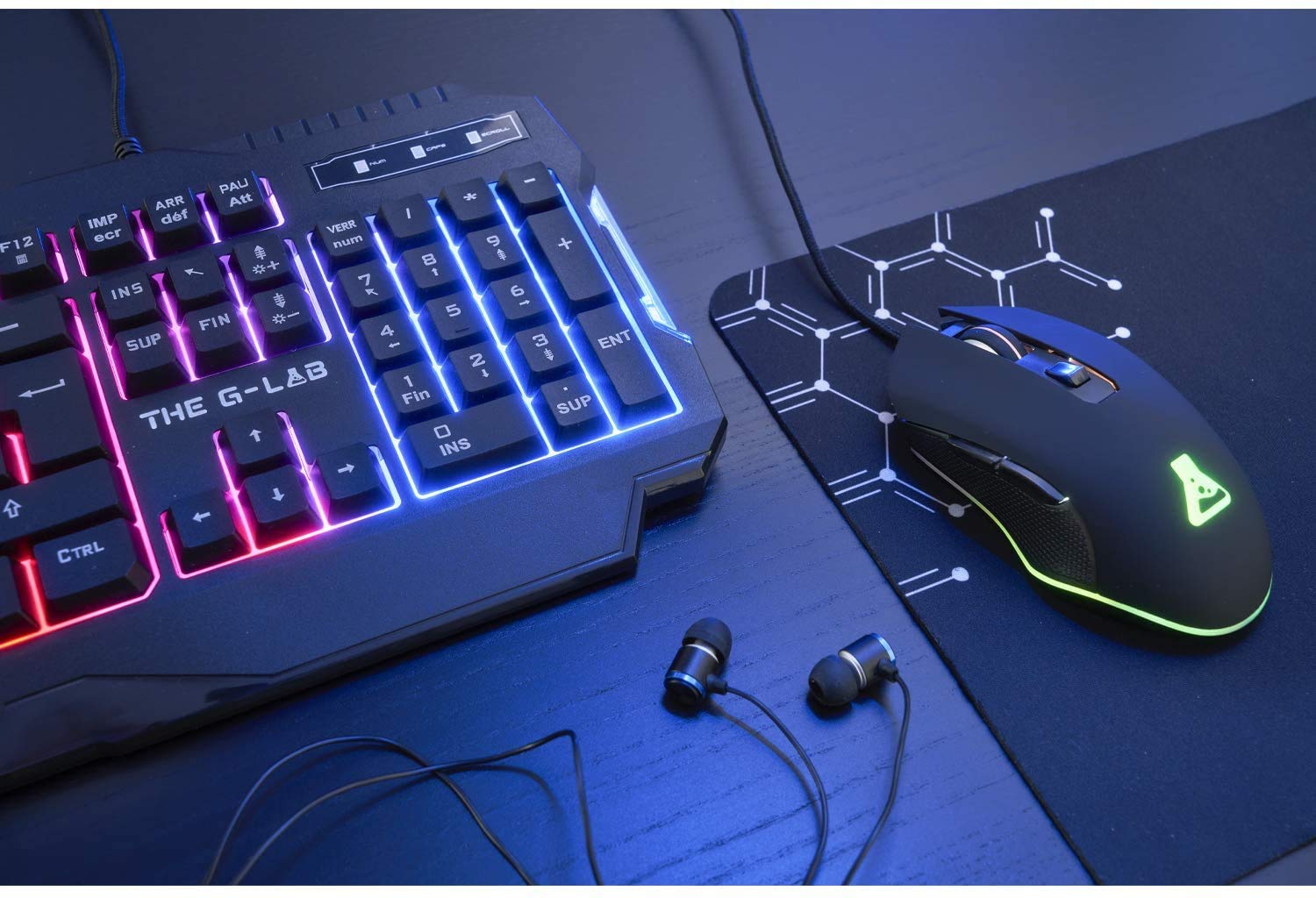 G-LAB Combo Helium - 4-in-1 Gaming Bundle - Backlit QWERTY Gamer Keyboard, 3200 DPI Gaming Mouse, in-Ear Headphones, Non-Slip Mouse Pad - PC Mac PS4 PS5 Xbox One Gamer Pack