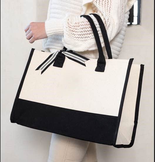 Mud Pie Classic Black and White Canvas Tote Bag, BLANK, 17" x 19" x 2"