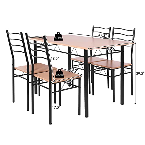COSTWAY Kitchen Table Chairs Set of 4, 5 Piece Metal Rectangular Dinette Set w/Non-Slip Pad, Space-Saving Design, Modern Dining Room Table Set for Small Place Breakfast Nook Restaurant (Walnut)