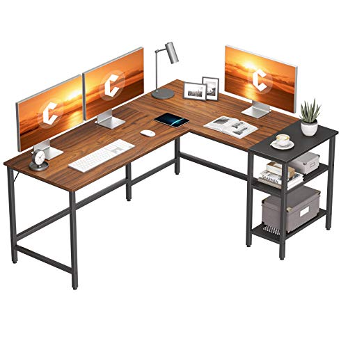 CubiCubi L Shape Computer Desk with Storage Shelf Study Writing Table for Home Office, Modern Simple Style PC Desk, Black Metal Frame