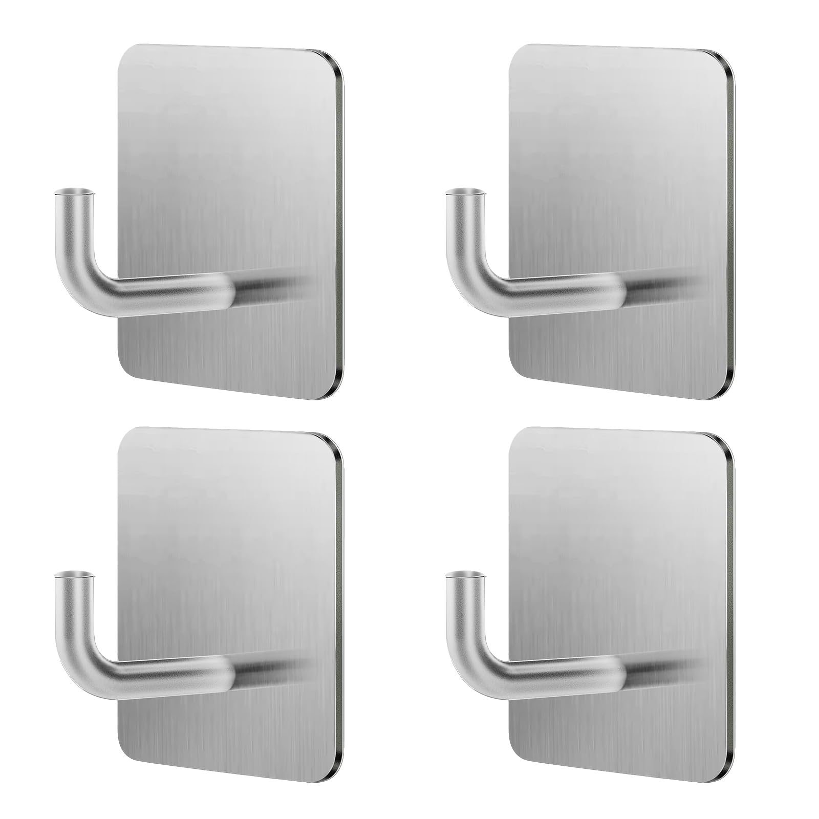 Nukeekee Towel Hook,Towel Rack Wall Mounted with 3M Self Adhesive Hooks, Heavy Duty 304 Stainless Steel Sticky Hooks, for Kitchen Garage Bathroom Accessories,No Drilling (4 Pack) (Silver)