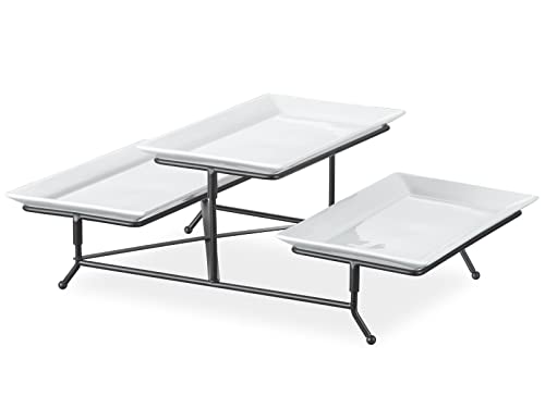 ONEMORE 3 Tier Serving Tray - Collapsible Tiered Stand and Ceramic Serving Platters - Cross Bars Included - White