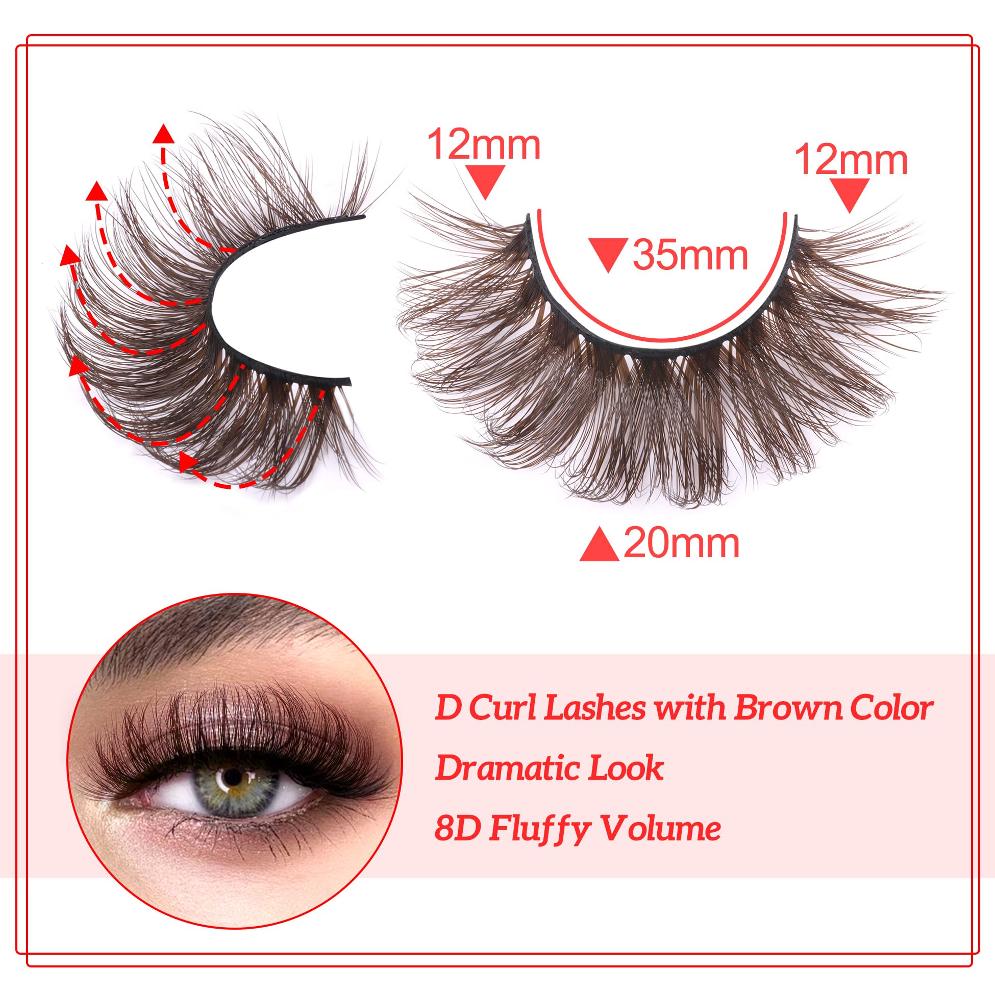 Eyelashes Russian Strip Lashes Mink Natural Eyelashes Fluffy Volume Colored Brown Lashes False Eyelashes 20mm Long Soft D Curl Lashes Pack by Newcally
