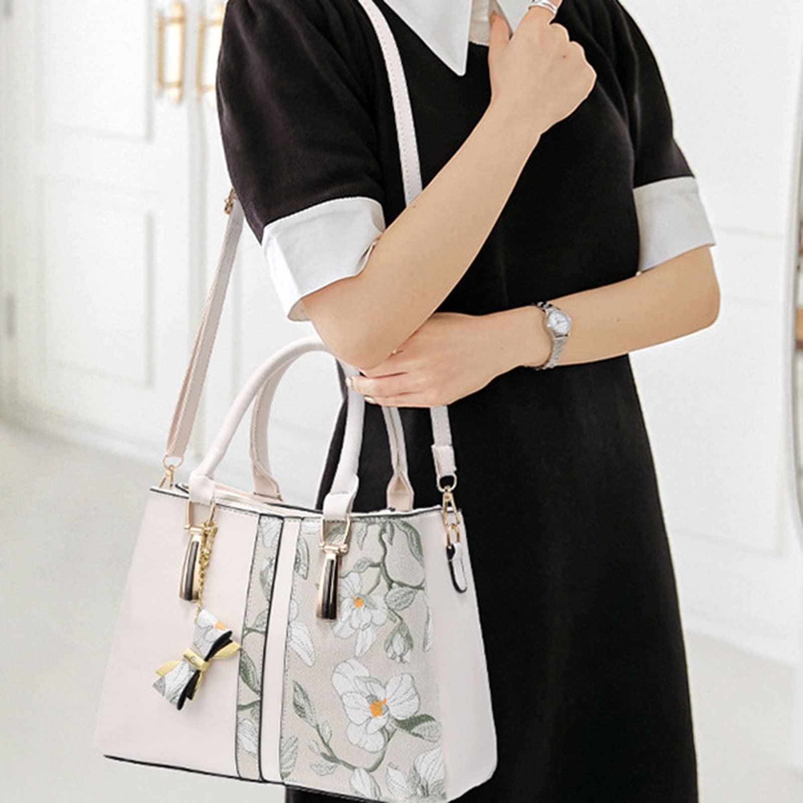 Embroidered Bag Large Capacity Handbag Fashion Shoulder Bag Leather Shoulder Bag for Women (White, One Size)