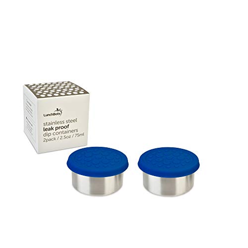 LunchBots 2.5 oz Leak Proof Snack and Side Dish Containers - Spill Proof in Bags and Bento Boxes - Food-Grade Stainless Steel With Silicone Lids - Set of 2 (Blue)