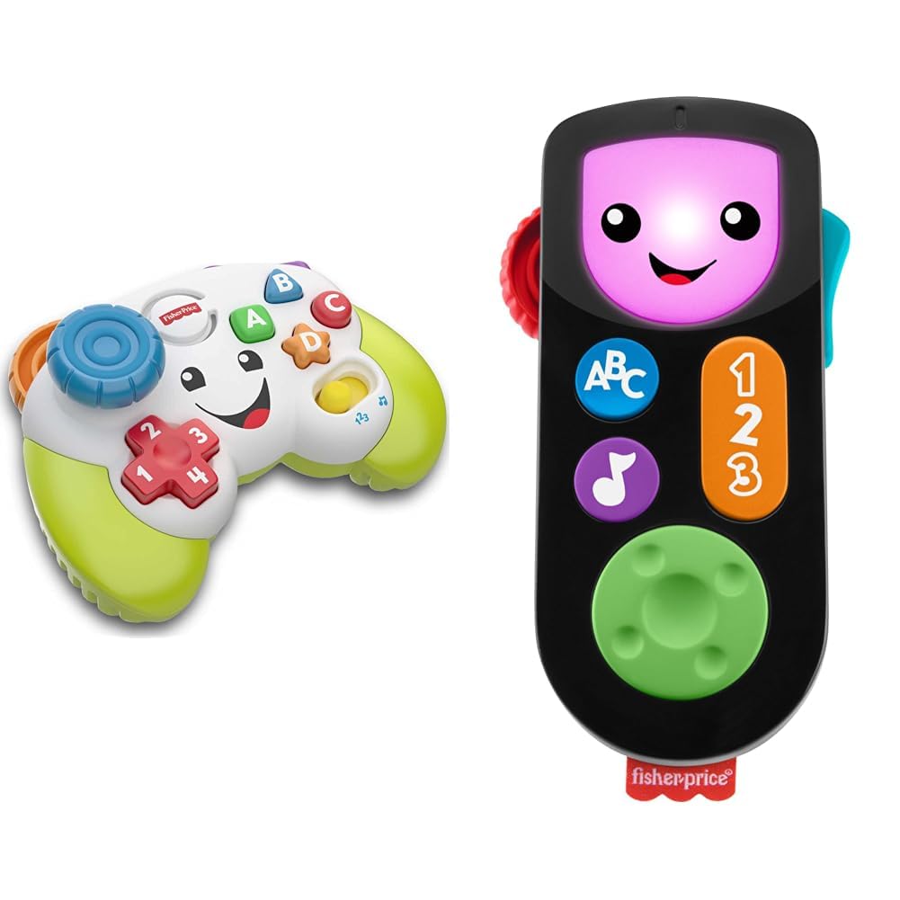 Fisher-Price Pretend Video Game Controller Baby Toy with Music Lights and Learning Songs & Laugh & Learn Stream & Learn Remote, Electronic Pretend TV Remote Toy with Lights and Educational Content