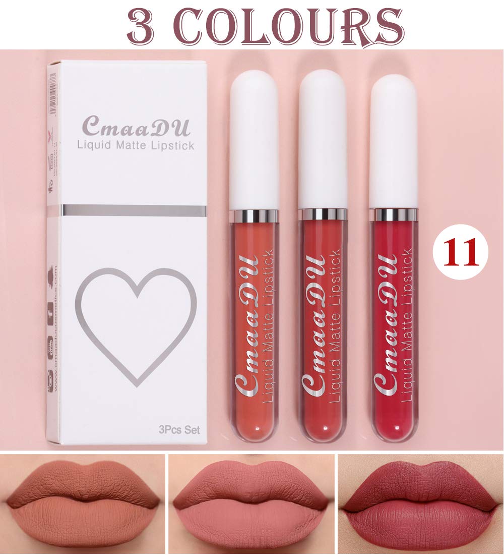 ETEDES 3 colours Matte Liquid Lipstick Makeup Set, Matte liquid Long-Lasting Wear High Pigmented Non-Stick Cup Not Fade Waterproof Lip Gloss (Set #11)