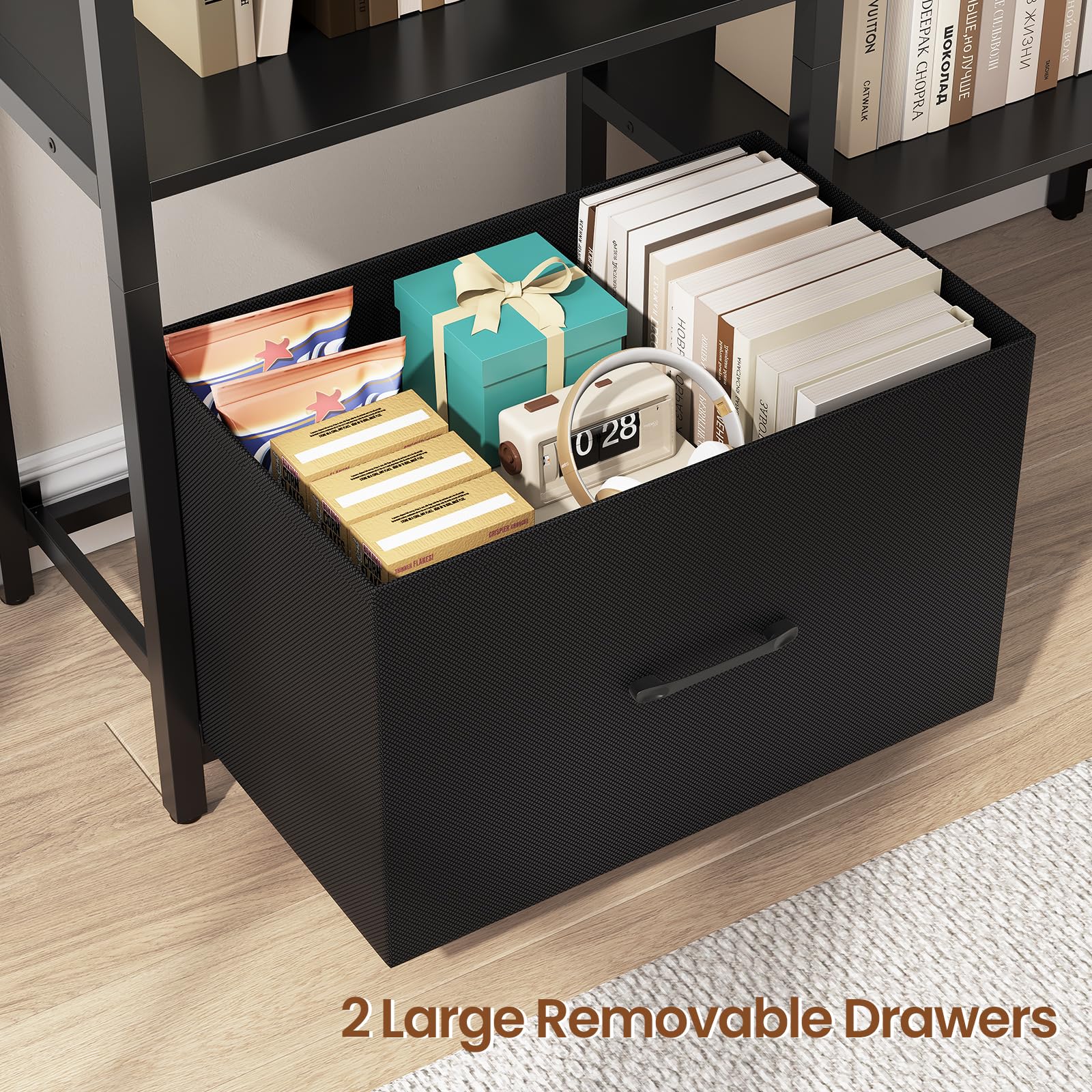 Itaar Triple 4 Tier Bookshelf with Drawers, Bookcase with Open Display Shelves, Industrial Wide Book Shelf with Metal Frame for Living Room, Office, Kitchen, Black