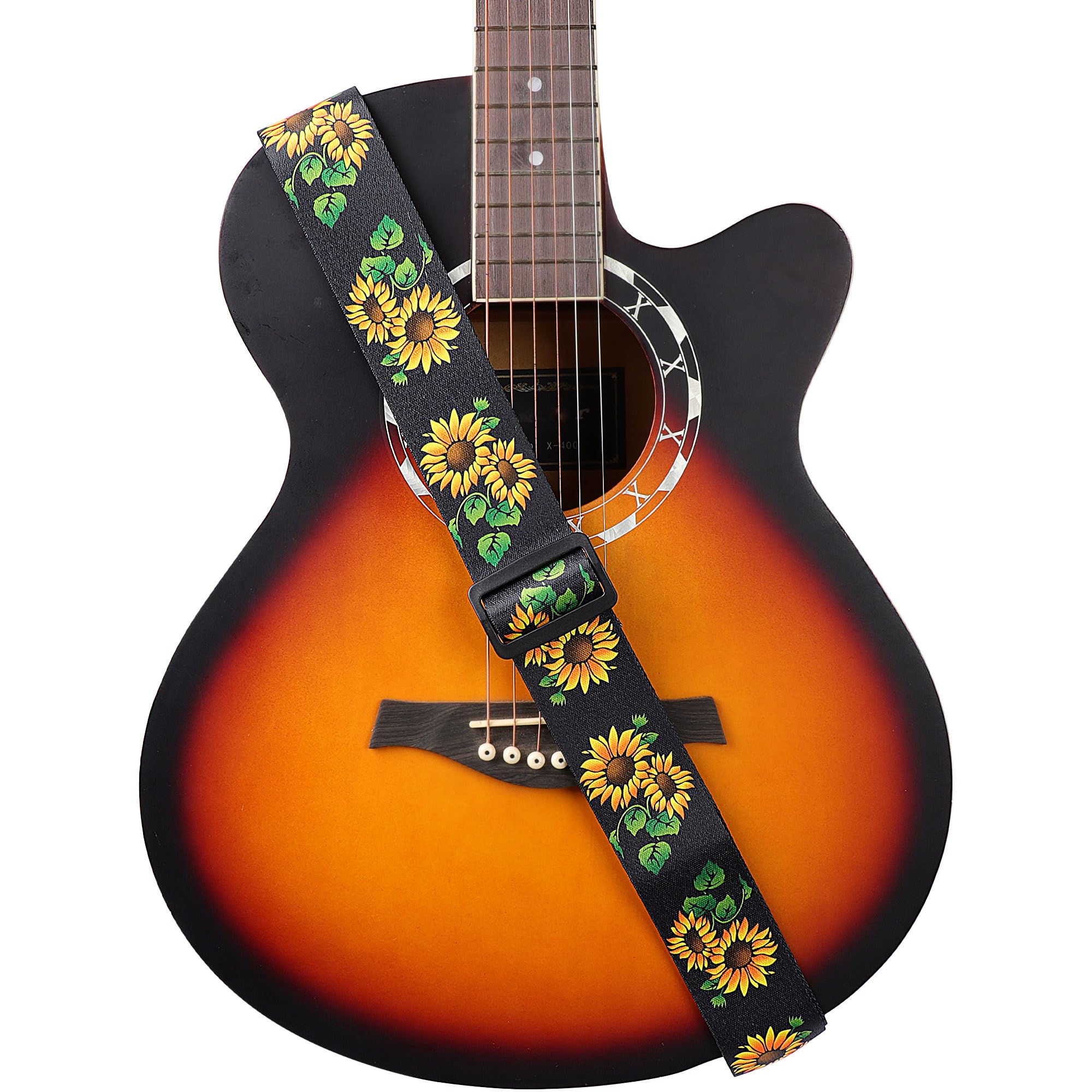 uxcell Guitar Strap, Classical Vintage Sunflower Print Guitar Shoulder Straps with Leather End, Adjustable Strap with free Lace Tie for Bass, Electric & Acoustic Guitars