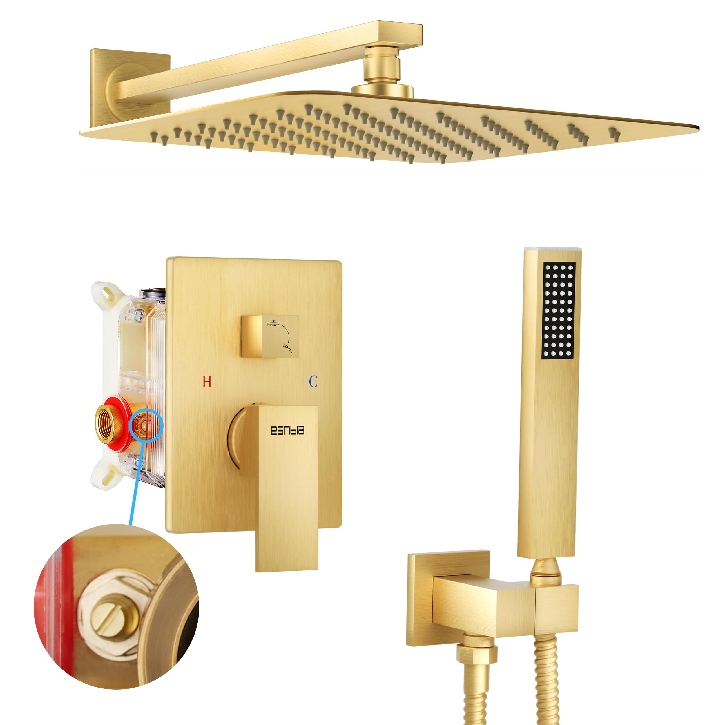 ESNBIA Shower System, Bathroom 12 Inches Rain Shower Head with Handheld Combo Set, Wall Mounted High Pressure Rainfall Dual Shower Head System, Shower Faucet Set with Valve and trim, Brushed Gold