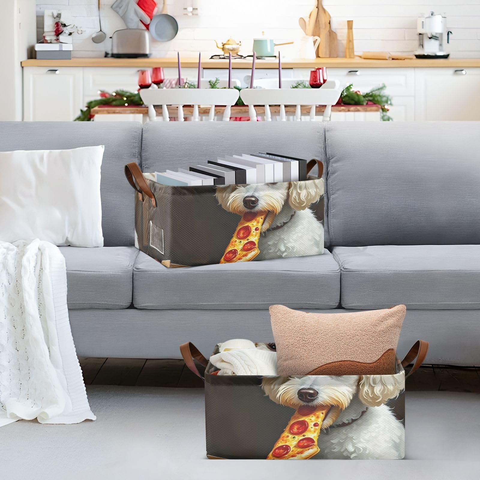 Hezely Poodles Eat Pizza Large Storage Baskets for Shelves, Fabric Storage Bins with Handles,Fabric Storage Cubes Closet Organizer for Home(1 Pack)