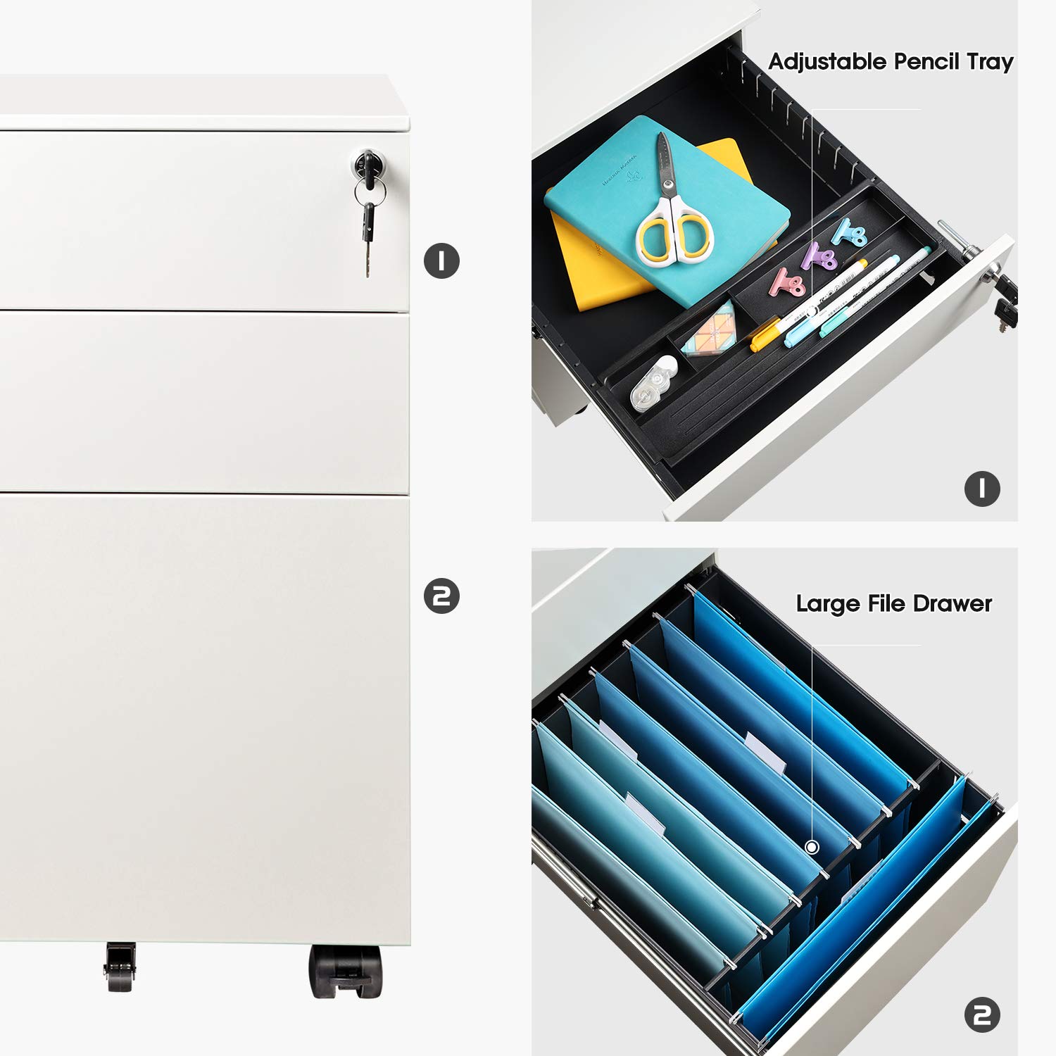 DEVAISE Locking File Cabinet, 3 Drawer Rolling Pedestal Under Desk Office, Fully Assembled Except Casters, White