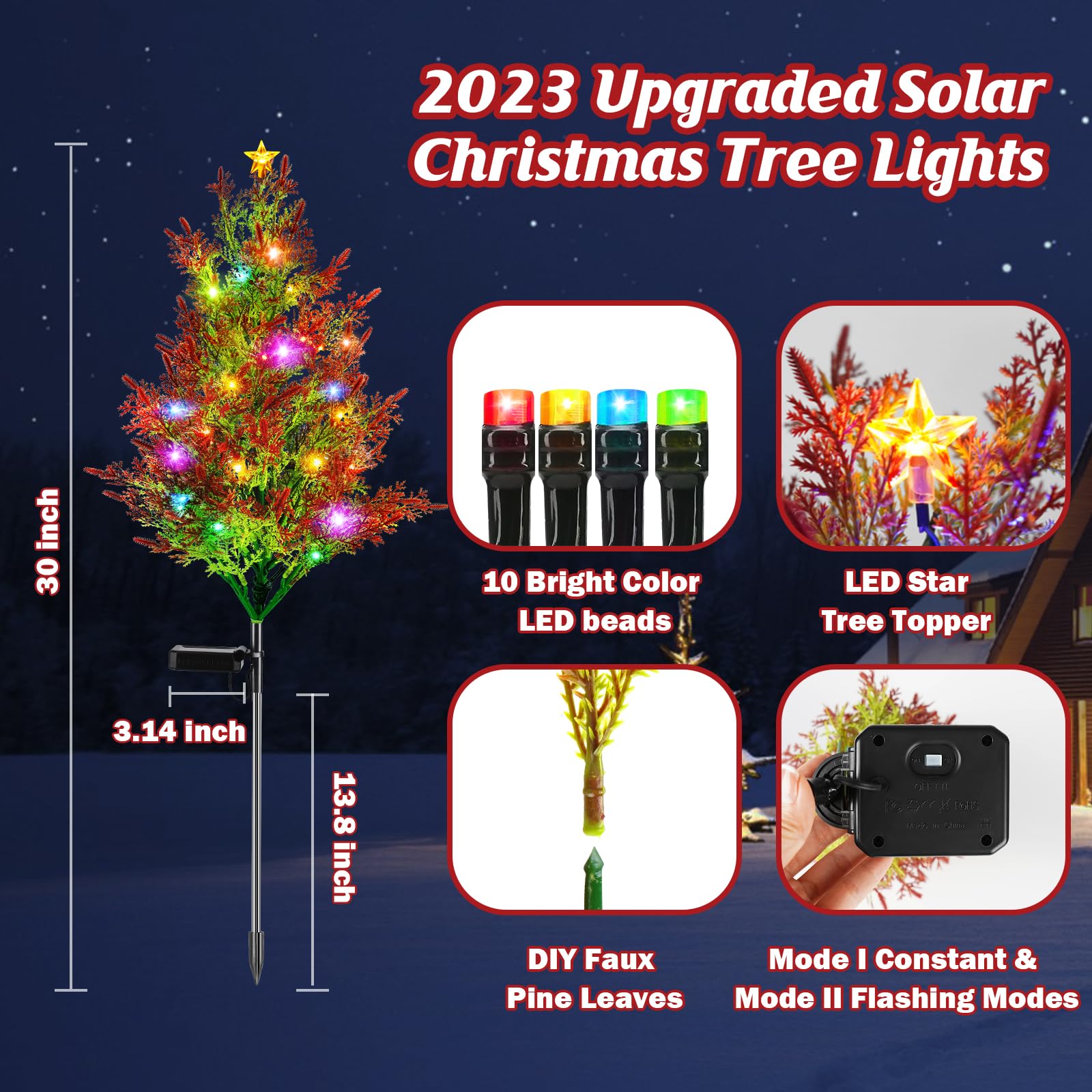 Christmas Decorations Outdoor Solar Lights: 4 Pack Upgraded 10 LED Solar Christmas Tree Lights, 2 Lighting Modes Outside Waterproof Solar Christmas Stake Lights for Yard Garden Pathway Lawn Xmas Decor