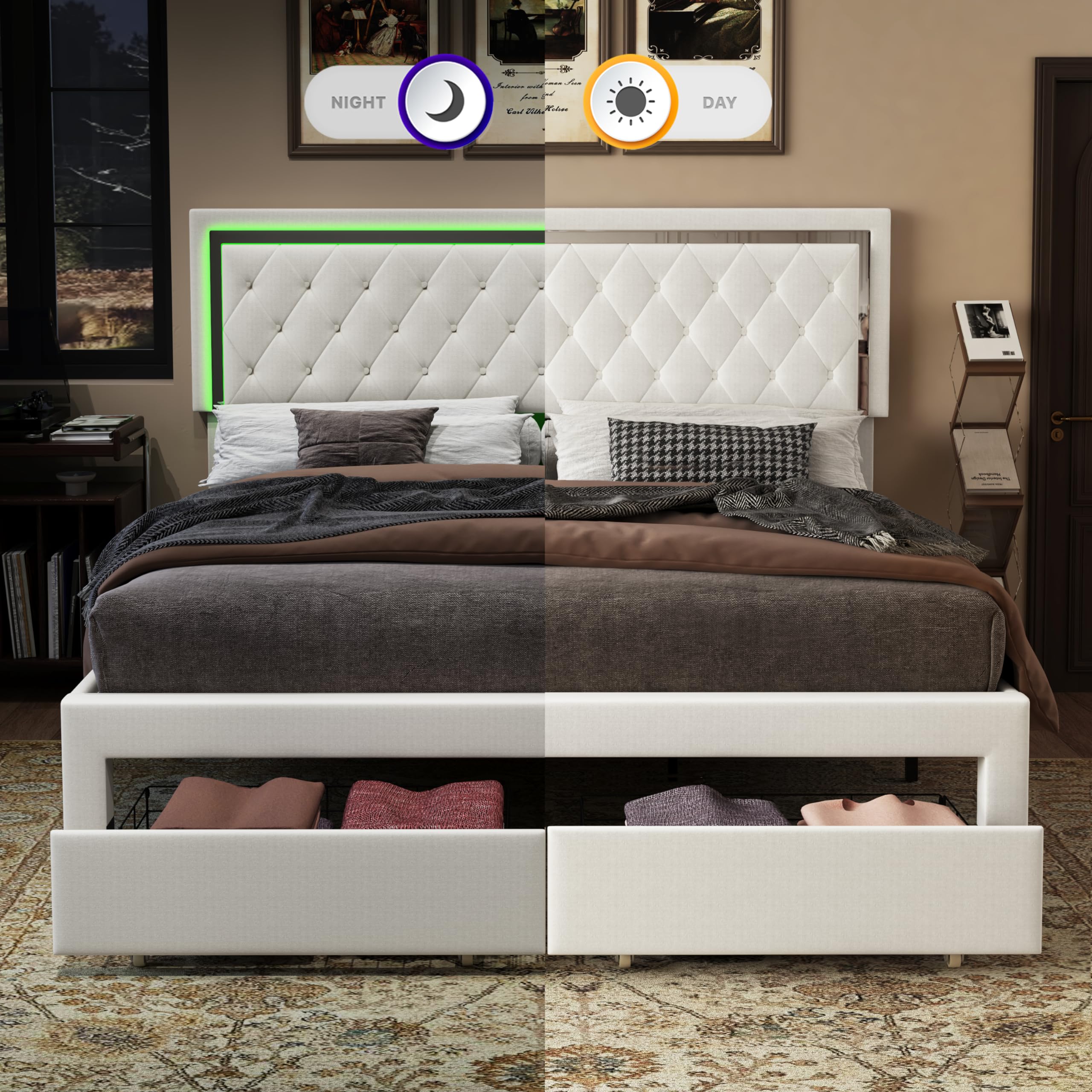 Jocisland Full Size Bed Frame with LED Lights&Storage Drawers,Velvet Upholstered Platform Bed,No Box Spring Needed,White