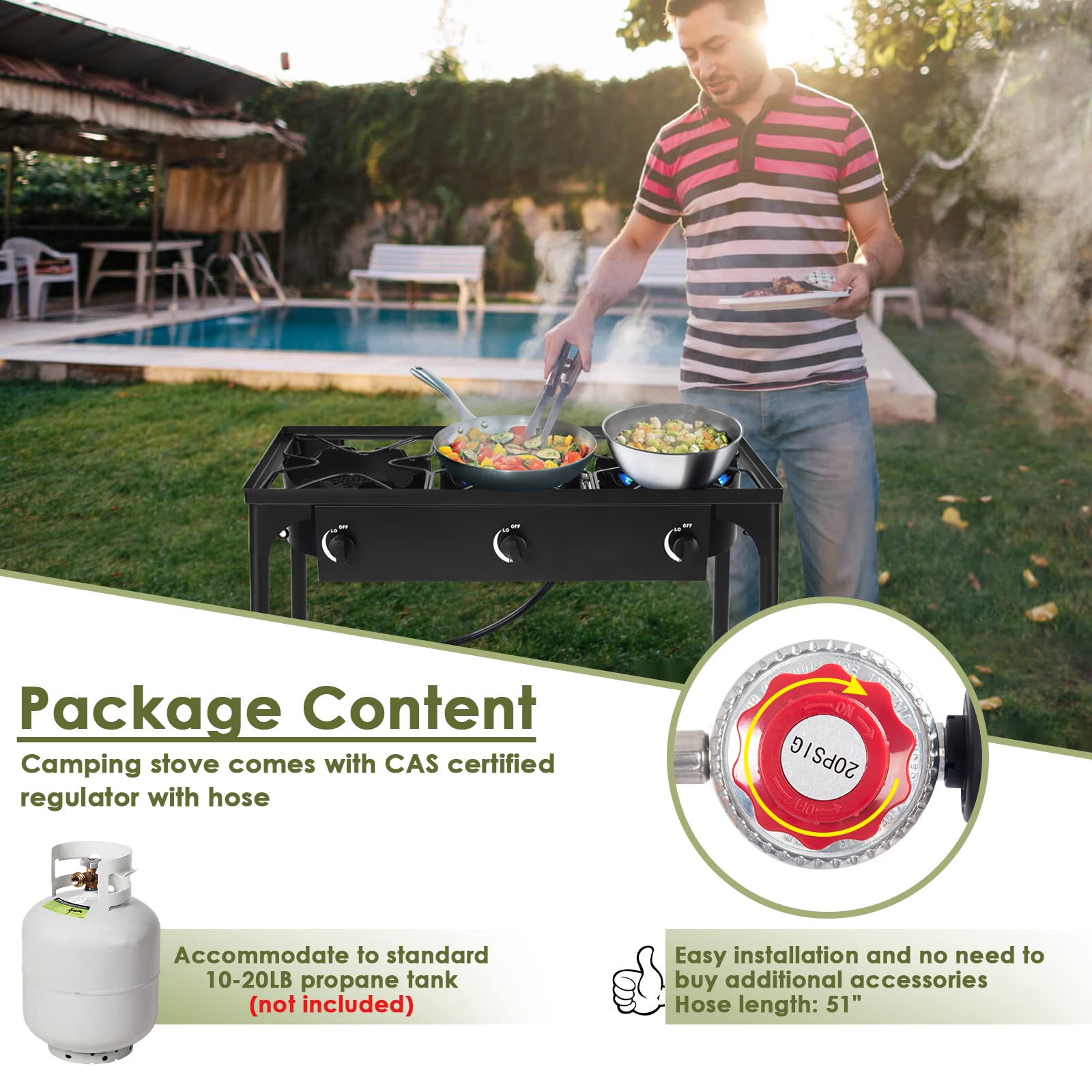 GYMAX Camping Stove, 3 Burner Propane Camp Stove w/Detachable Legs, 225,000-BTU Output, 20 PSI Regulator & CSA Certification, 30ββ Outdoor Gas Stove, High Pressure Propane Burner for BBQ (3 Burner)