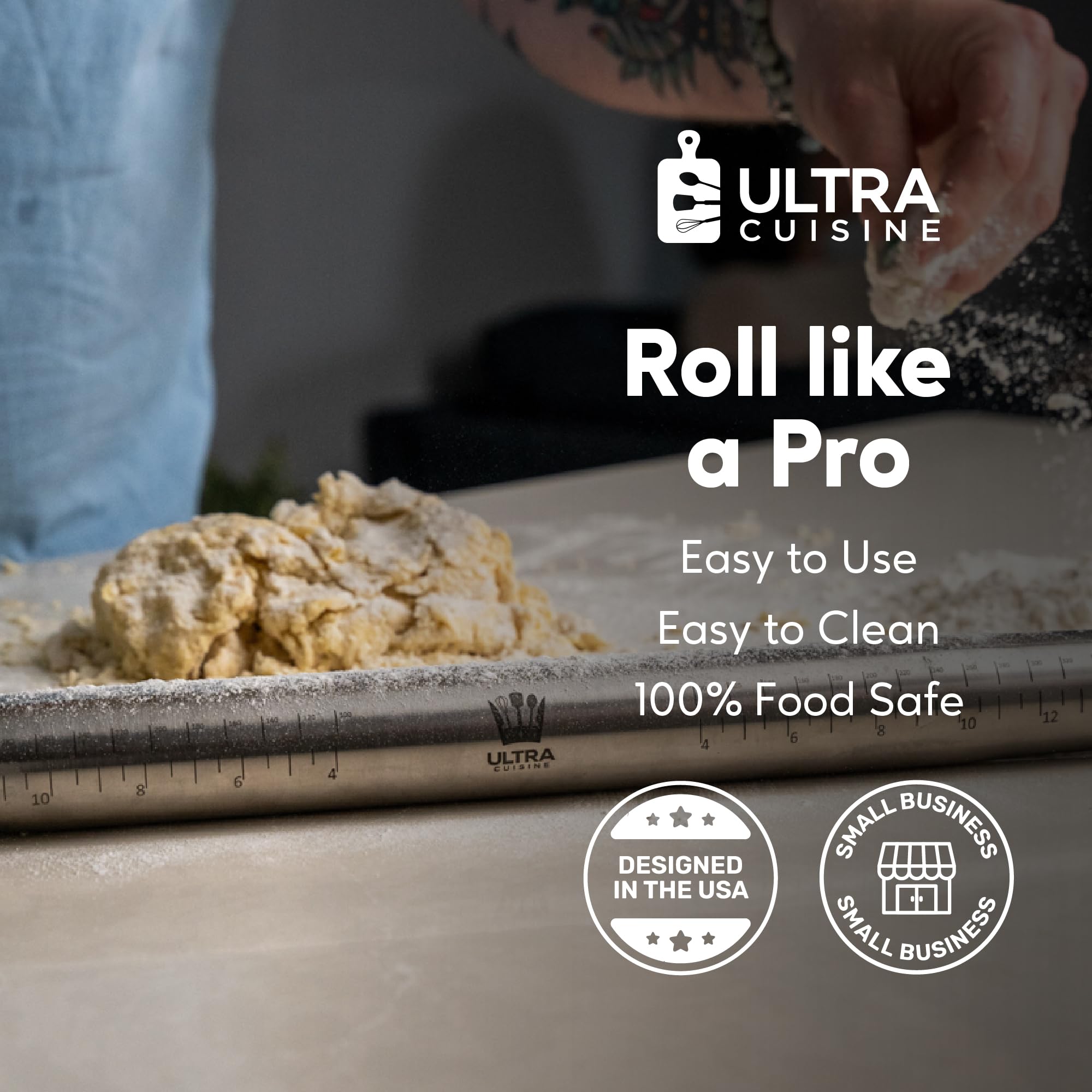 French Rolling Pin for Baking by Ultra Cuisine – Tapered Stainless Steel Design, Professional or Home Use with Pizza, Cookie, & Pastry Dough, or Fondant and Pie Crust –Dishwasher-Safe, Size 15.75 in