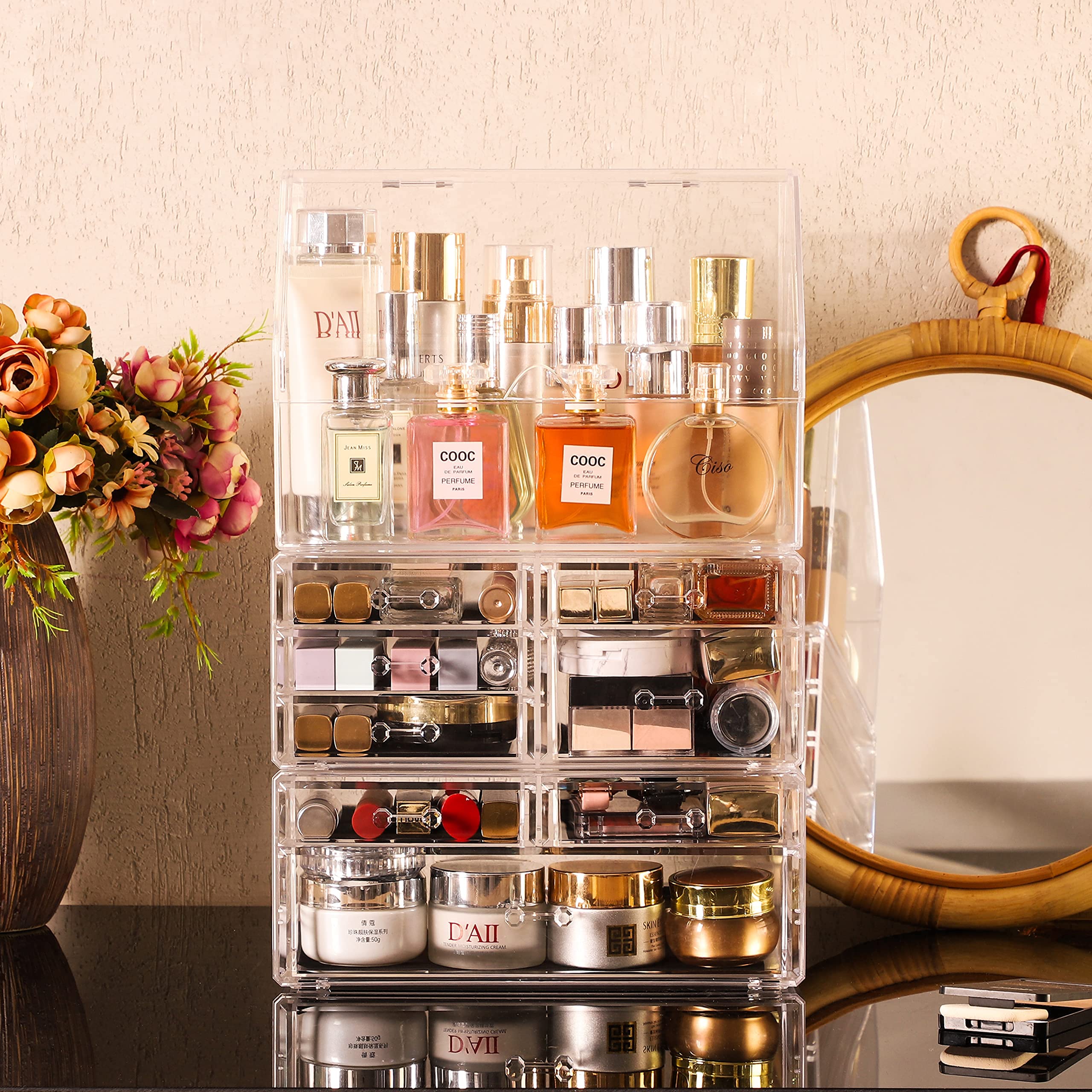 Cq acrylic Clear Makeup Organizer for Vanity Countertop,Dustproof Waterproof Bathroom Organization With 8 Drawers For Beauty Skin Care Skincare Product Organizing and Perfume Cosmetic Storage Case