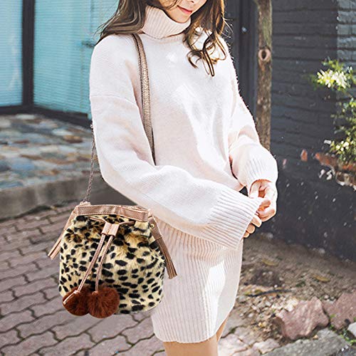 Van Caro Women’s Faux Fur Drawstring Bucket Bag Shoulder Crossbody Bag, Leopard Brown