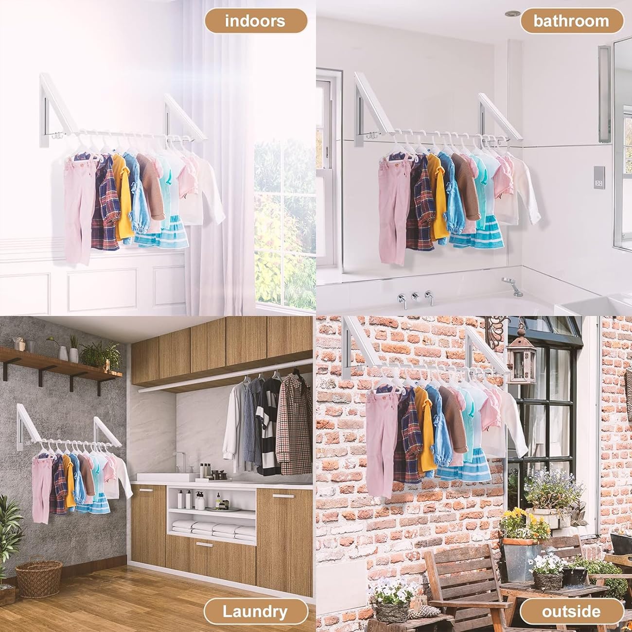 Foldable Wall Mounted Drying Rack with 80CM Extension Rod,Heavy Duty Aluminum Telescopic Clothes Hanger for Laundry Room Organisation Storage Drying Hanging Clothes with Drying Rod (2-Pack, White)