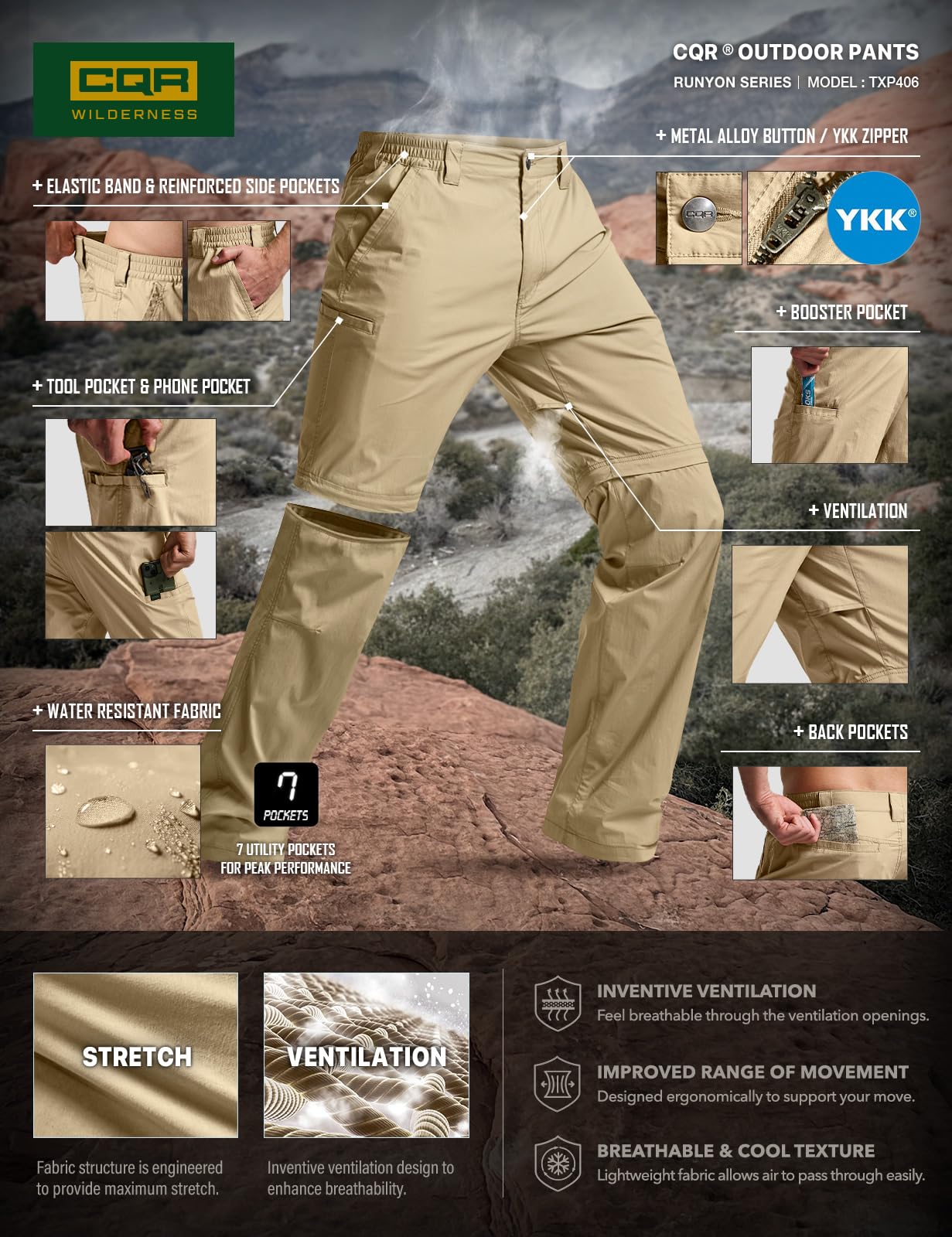 CQR Men's Convertible Cargo Tactical Pants, Water Resistant Outdoor Hiking Pants, Zip Off Lightweight Stretch Work Pants, Lightweight Convertible Cargo Charcoal, 34W x 30L