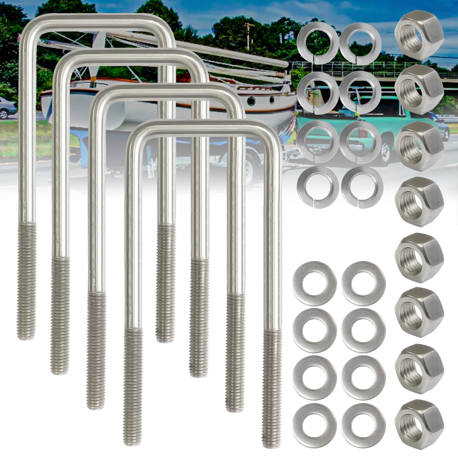 FITHOIST 4Pack Square U-Bolt 1/2"-13 Thread Size, 304 Stainless Steel U Bolts 1/2" D x 3-1/16" W x 7-5/16" L with Washers & Nuts, for Replacement Parts and Accessories for Sailboat Trailer