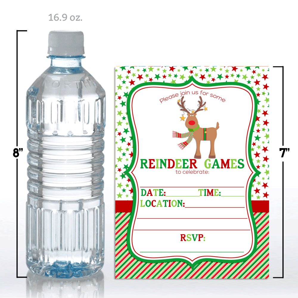 Reindeer Games Holiday Birthday Party Invitations, 20 5x7 Fill In Cards with Twenty White Envelopes by AmandaCreation