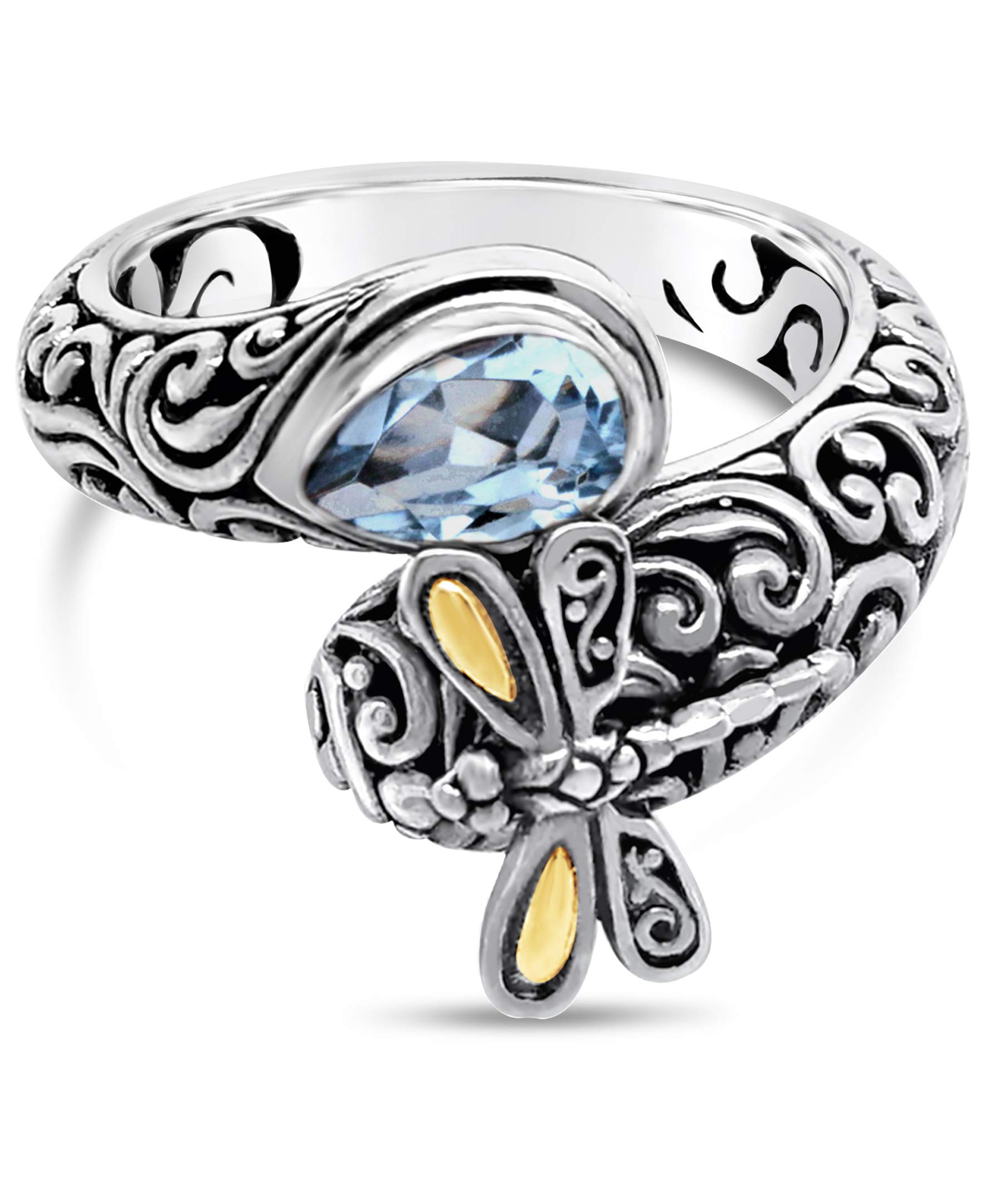DEVATA Sterling Silver 925 and 18K Gold with Blue Topaz Sweet Dragonfly Bali Filigree Bypass Ring SFM8537ABT (Size 07)