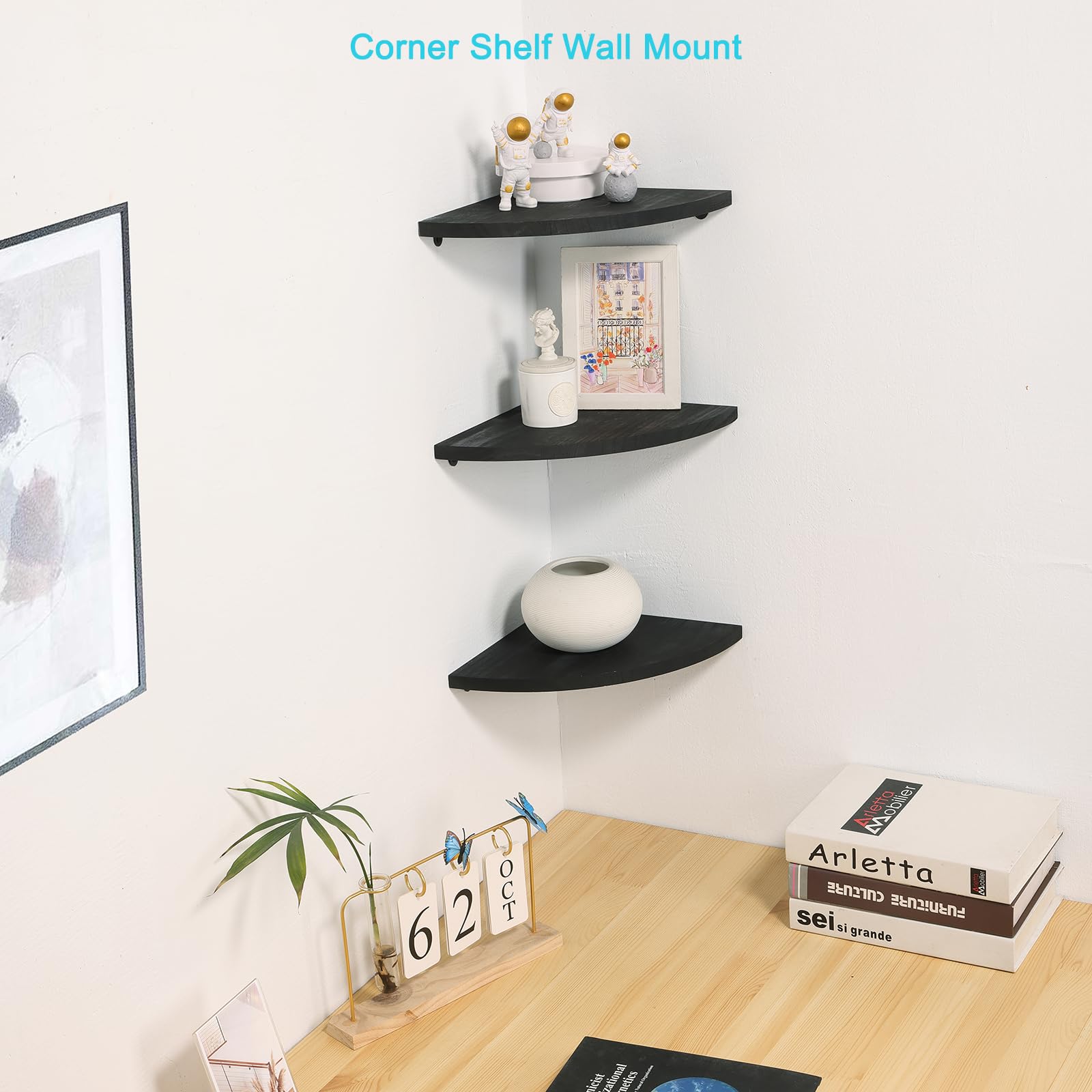 Joiishom Corner Wall Shelf Set of 3, Floating Corner Shelves for Wall, Rustic Wood Wall Storage Display Shelves for Living Room Bedroom Bathroom Kitchen (Round Edge-Black)