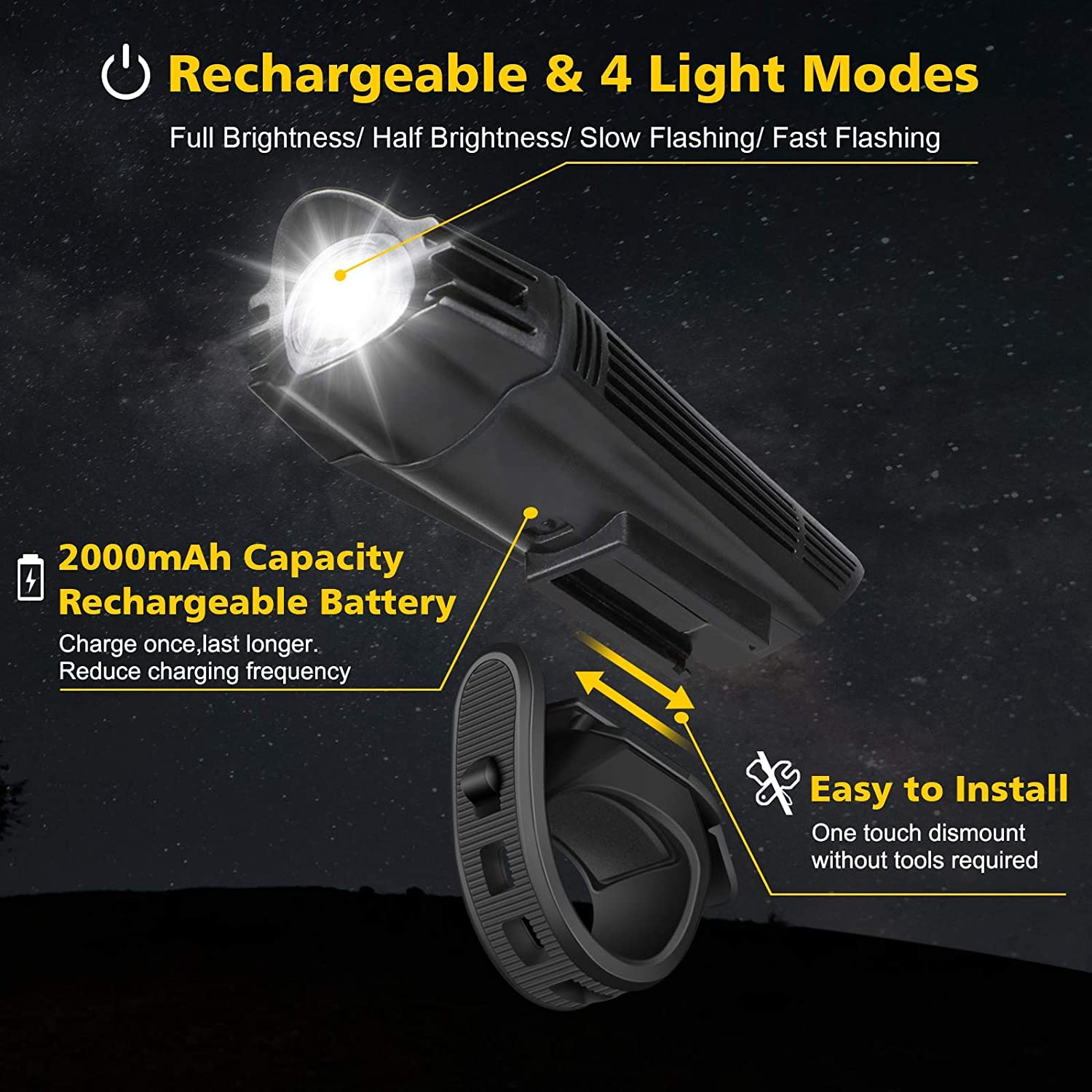 FAGEFACAI Super Bright Bike Light Set, Powerful LED USB Rechargeable Front Headlight and Back Taillight, 2000mah Lithium Battery, Waterproof, 4 Lighting Modes Mountain Road Bicycle Lights