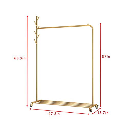 Smlttel Metal Gold Clothes Rack for Hanging Clothes, Rolling Clothing Rack for Boutique Display, Gold Coat Rack Standing Garment Rack with Shelf, Industrial Pipe Rack, Heavy Duty Clothing Rack, Gold
