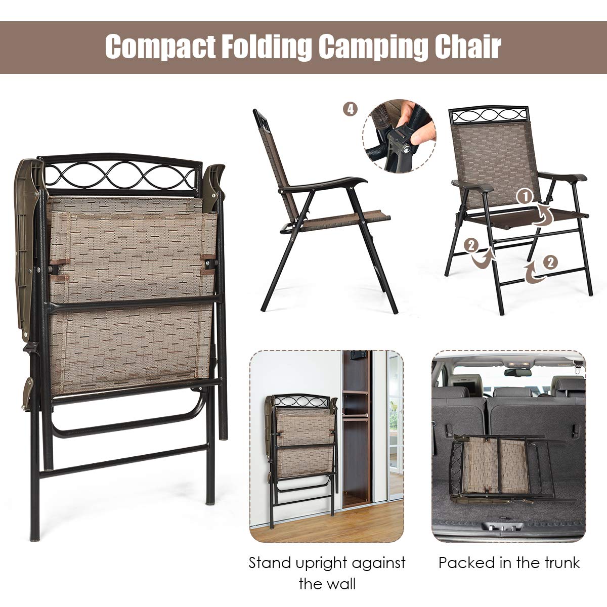 Giantex Set of 2 Patio Chairs, Outdoor Folding Lawn Chairs for Beach, Backyard, Deck, Patio Dining Chairs, Sling Chairs with Armrest and Metal Frame, Folding Camping Chairs (Brown)