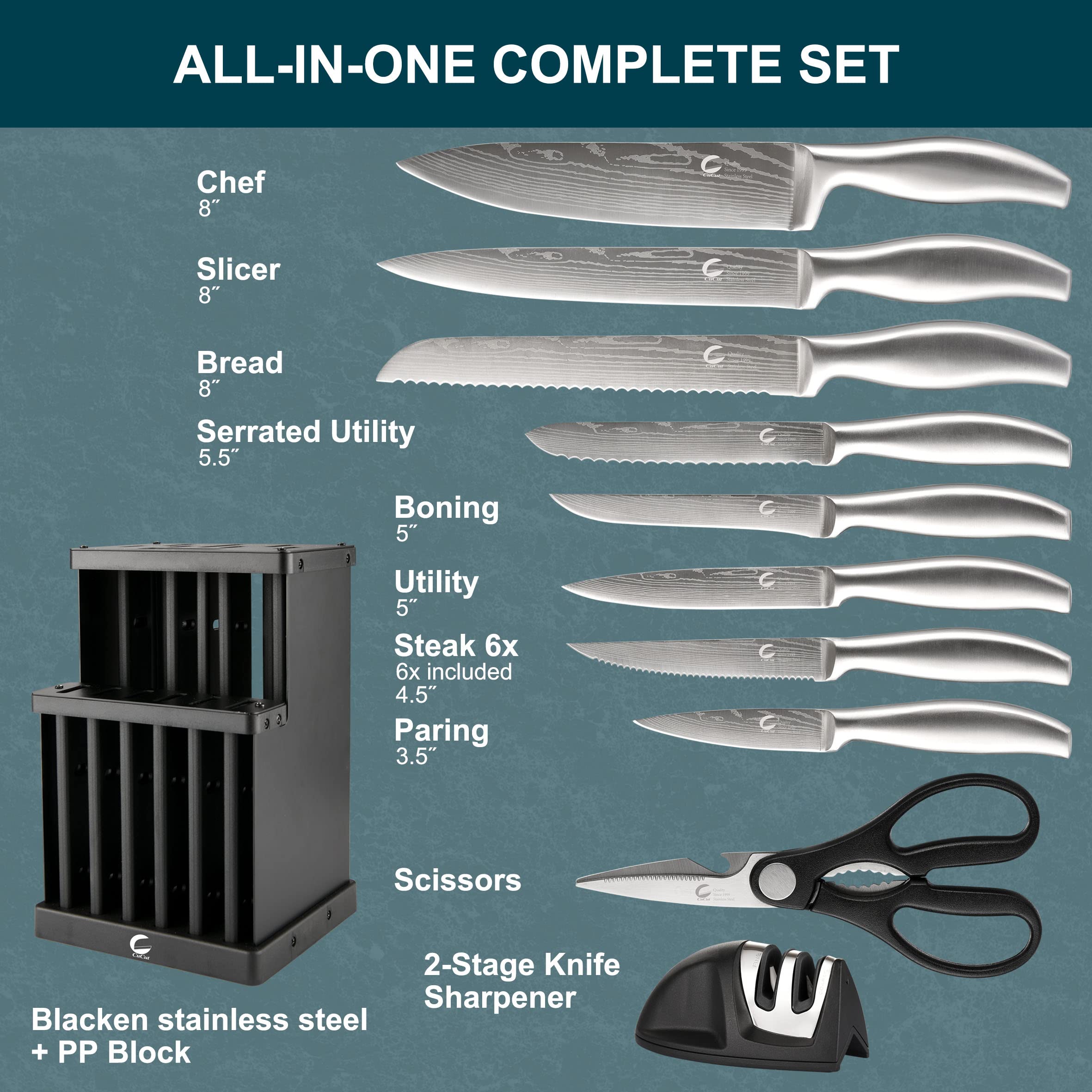 CuCut Knife Set, 16 Piece Knife Set with Block, German Stainless Steel Hollow Handle Kitchen Knives, Include Kitchen Accessories