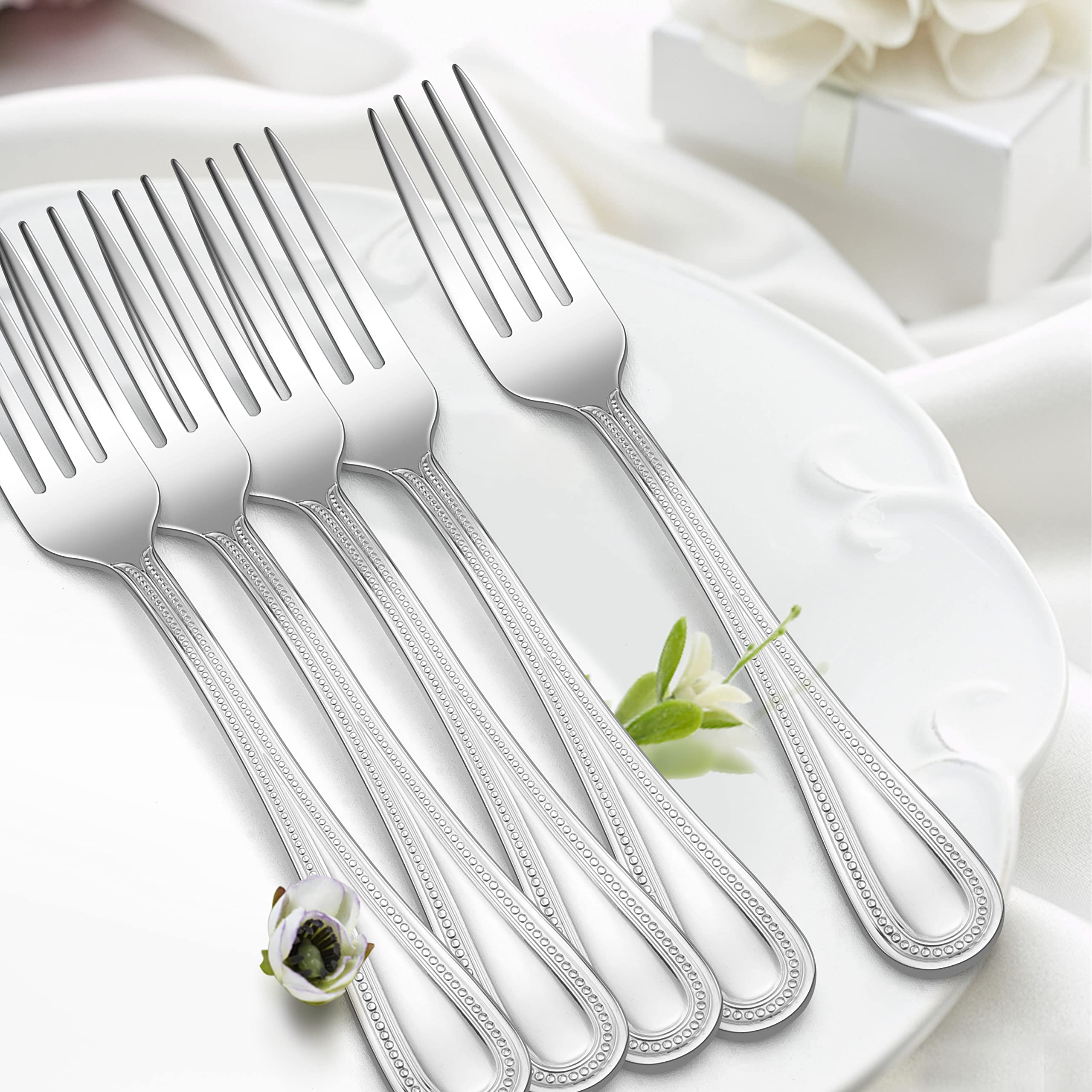 Forks Set of 12, E-far Stainless Steel Dinner Forks Silverware with Pearled Edge for Home/Kitchen/Restaurant, Mirror Polished & Dishwasher safe-7.9 Inches